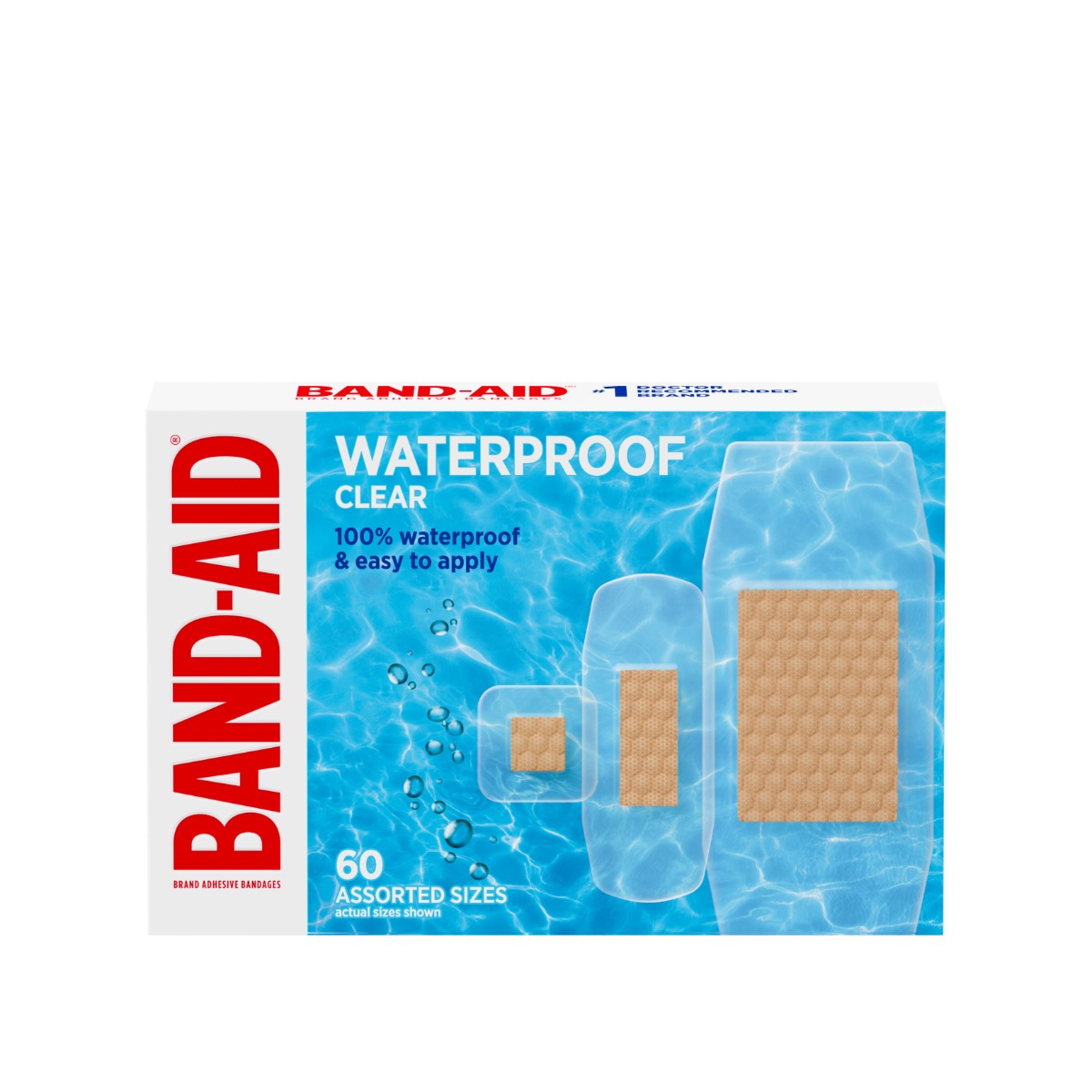 Band-Aid® Waterproof Clear Assorted Bandages, 60/box